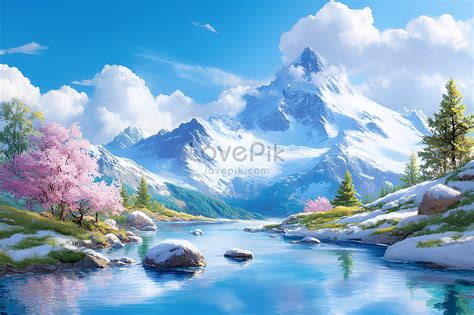 아름다운 산과 강 일러스트 무료 다운로드 Lovepik