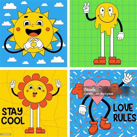 얼굴 장갑을 낀 손과 발로 재미있는 만화 캐릭터가있는 그루비 복고풍 만화 스티커를 설정하십시오 트렌디 한 만화 태양 파워 플라워 심장 및 녹는 미소 얼굴 벡터 가공의 인물에