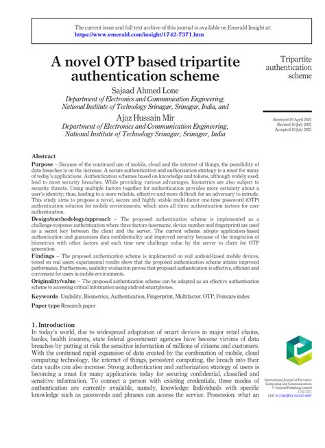 Pdf A Novel Otp Based Tripartite Authentication Scheme