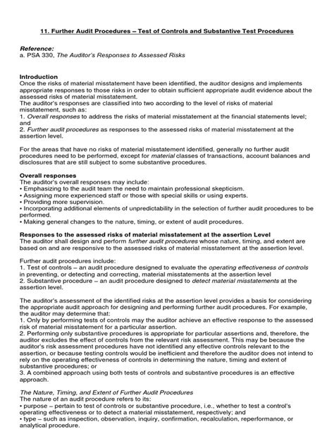11further Audit Procedures Test Of Controls And Substantive Test Procedures Pdf Audit
