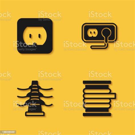 전기 콘센트 릴에 와이어 전기 케이블 타워 라인과 긴 그림자 아이콘을 설정합니다 벡터 0명에 대한 스톡 벡터 아트 및 기타 이미지 0명 건설 산업 건축물 Istock