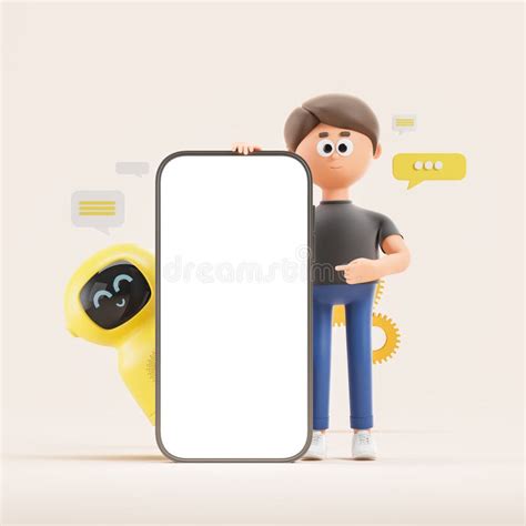 3d Rendering Cartoon Man With Large Mock Up Phone Online Chatbot Stock Illustration