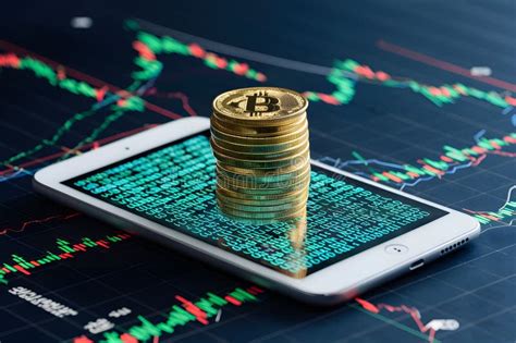 Electronic Device Showing Binary Code Stack Of Gold Coins Stock Market Chart Stock