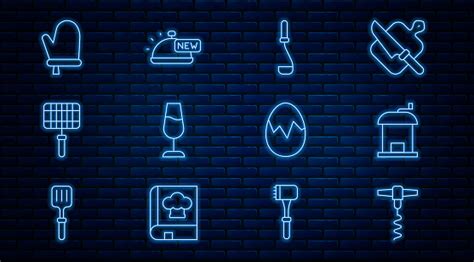 세트 라인 와인 코르크 나사 수동 커피 분쇄기 주방 국자 유리 바베큐 강철 그리드 오븐 장갑 깨진 계란 과 트레이 음식 아이콘으로 덮여 벡터 가리기에 대한 스톡 벡터 아트