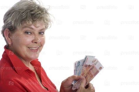 Фотография на тему Счастливая женщина с деньгами на белом фоне Pressfoto