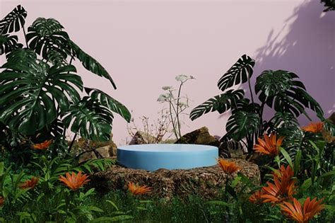 자연석과 콘크리트 연단은 제품 프레젠테이션을 포장하기 위한 빈 쇼를 위한 자연 배경에 있습니다 제품의 배경 녹색 나뭇잎이 있는