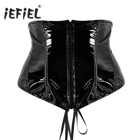 Womens Wetlook Sexy Clubwear Costume Faux Leather Lace Zip Front