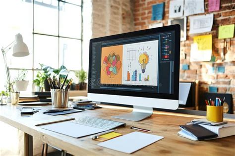 Modern Workspace With Computer Displaying Design And Data Stock