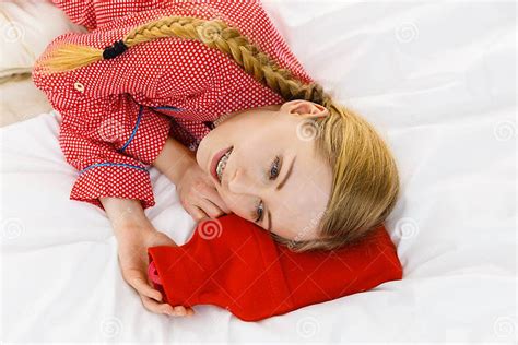 Woman Sleeping With Warm Red Hot Water Bottle Stock Image Image Of