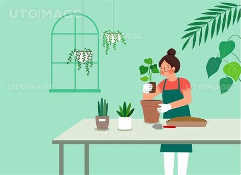 테이블 위에서 분갈이 하고있는 식집사 벡터 일러스트 Sill786 유토이미지 일러스트 식물 반려식물 화분 일상 힐링 식집사 분갈이 흙 모종삽 가드닝