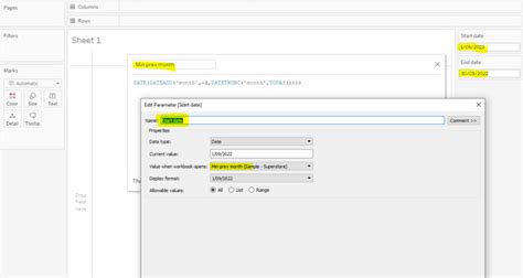 can t add a calculated min and max date as a parameter in tableau