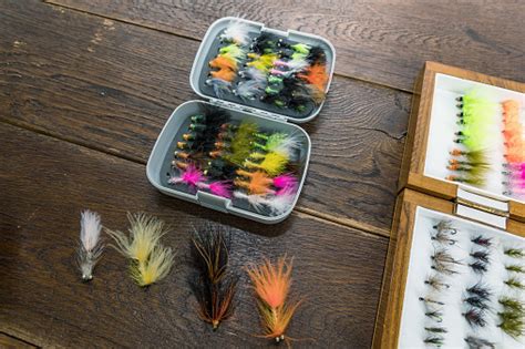 오래 된 나무 테이블에 플라이 낚시에 대 한 강에 의해 설정 낚시 장비 갈고리가시선인장에 대한 스톡 사진 및 기타 이미지 갈고리가시선인장 강 강철 Istock