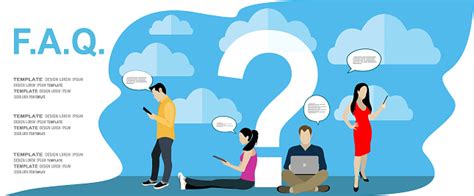 편지 근처에 서서 스마트 폰 노트북 및 디지털 태블릿을 사용하는 젊은 이들의 자주 묻는 질문 개념 그림 플랫 여성과 남성과 큰 물음표에 Pu 남자에 대한 스톡 벡터 아트 및