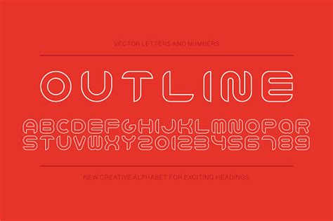 창의적인 글꼴을 간략하게 설명 합니다 유행 영어 알파벳입니다 윤곽 라틴어 문자와 숫자디지털 최소한의 디자인 0명에 대한 스톡