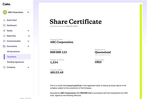 Customizable Share Certificate Template Cake Equity