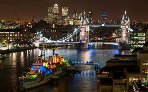 Wallpaper London City Cityscape Night Water Reflection Vehicle