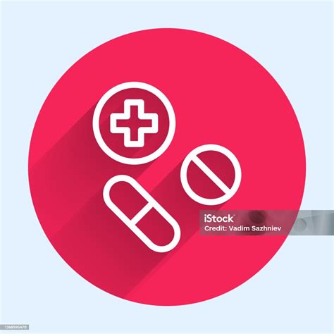 긴 그림자로 격리 된 화이트 라인 의학 알 약 또는 태블릿 아이콘 캡슐 알 약 및 약물 기호 약국 디자인 빨간색 원 버튼입니다 벡터 0명에 대한 스톡 벡터 아트 및 기타