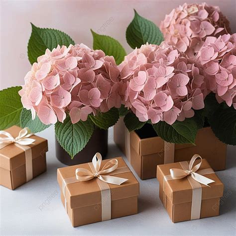 갈색 상자에 배열된 분홍색 수국 꽃 갈색 상자에 배열된 분홍색 수국 꽃 생기 넘치는 녹색 잎으로 보완 매력적인 꽃 디스플레이 만들기 배경 일러스트 및 사진 무료