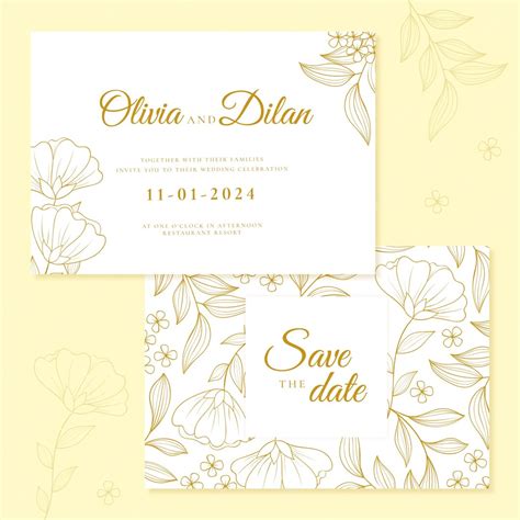 손으로 그린 황금 결혼식 초대장 서식 파일 무료 벡터