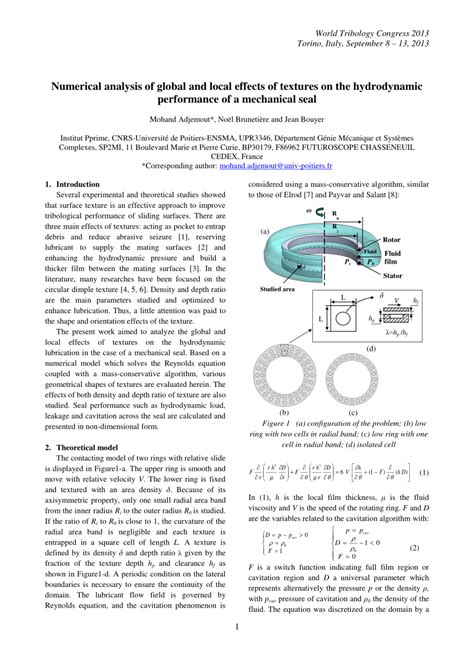 Pdf Numerical Analysis Of Global And Local Effects Of Textures On The Hydrodynamic Performance
