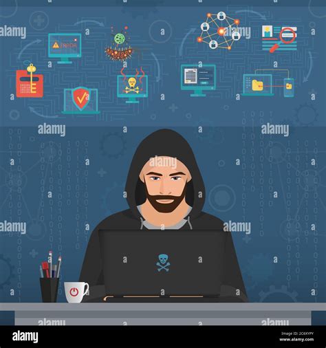 Hacker Man Hacking Secret Data On The Laptop Icon Set Modern Transperance Flat Vector