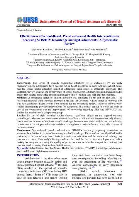 PDF Effectiveness Of Babe Based Peer Led Sexual Health Interventions In Increasing STIS HIV