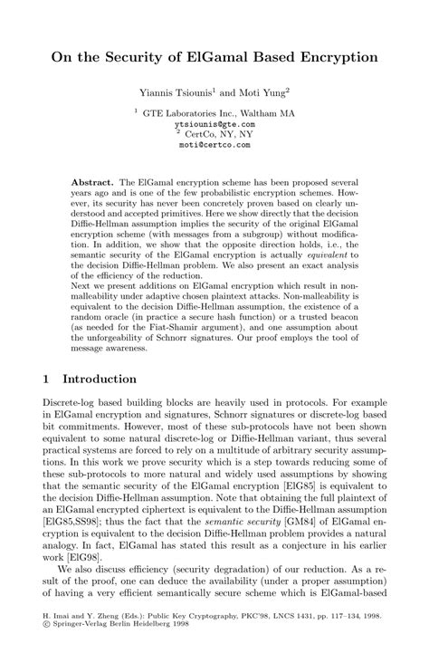Pdf On The Security Of Elgamal Based Encryption