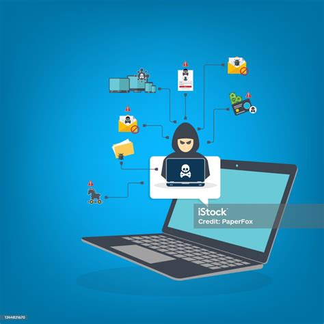 기밀 데이터 개인 정보 및 신용 카드 세부 사항을 훔치는 노트북 컴퓨터와 해커 해킹 개념 스톡 일러스트레이션 개성 개념에 대한 스톡 벡터 아트 및 기타 이미지 Istock