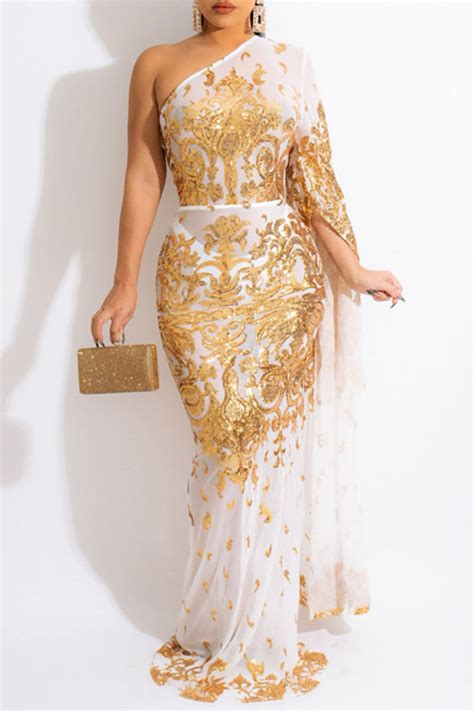 Gold Sexy Embroidered Sequins Patchwork Oblique Collar Dressesformal