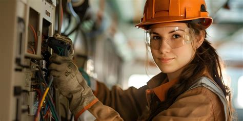 Professional Female Electrician In Safety Gear Working On Fuse Box Concept Professional