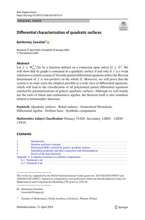PDF Differential Characterization Of Quadratic Surfaces