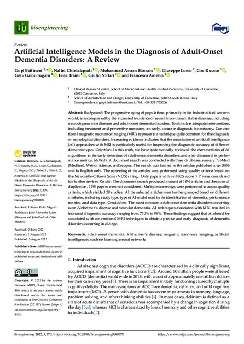 Pdf Artificial Intelligence Models In The Diagnosis Of Adult Onset Dementia Disorders A Review