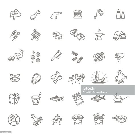 고기 가금류 생선 및 해산물 최소한의 얇은 줄 웹 아이콘 세트 닭고기에 대한 스톡 벡터 아트 및 기타 이미지 닭고기 라인아트 로스트 비프 Istock