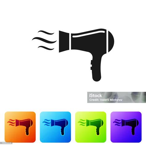 검은 머리 건조 기 아이콘 흰색 배경에 고립입니다 헤어 드라이어 기호입니다 머리 건조 기호입니다 뜨거운 공기를 불어 색상 사각형 버튼에 아이콘을 설정 합니다 벡터 일러스트
