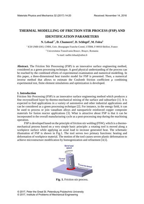 Pdf Thermal Modelling Of Friction Stir Process · Fsp Is Developed