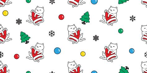 고양이 완벽 한 패턴 크리스마스 트리 산타 클로스 모자 고양이 새끼 옥양목 네코 사탕 눈송이 벡터 착한 애 낙서 눈송이 만화