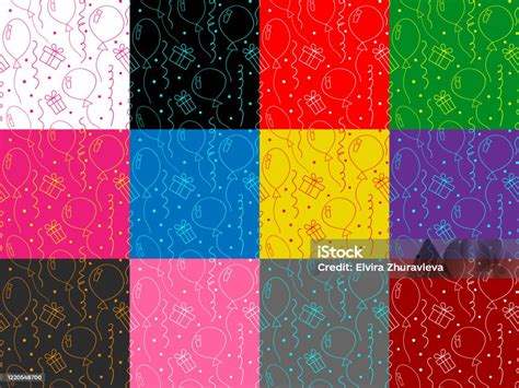 다양한 배경에 풍선 선물 색종이와 생일 원활한 패턴의 세트 개체 그룹에 대한 스톡 벡터 아트 및 기타 이미지 개체 그룹 그리기 기념일 Istock