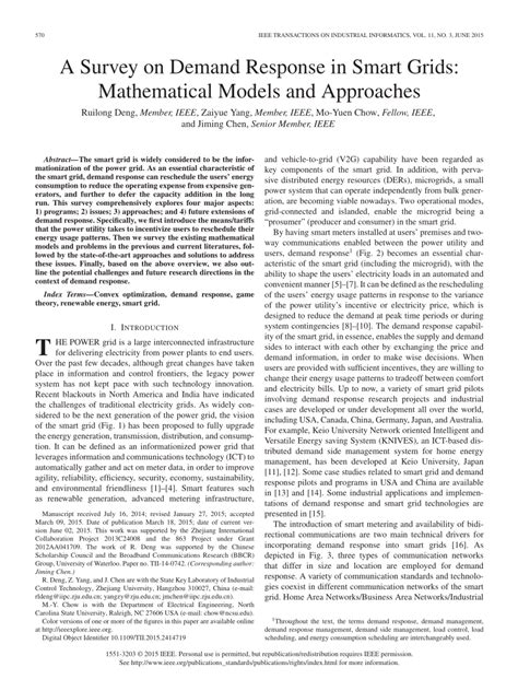 Pdf A Survey On Demand Response In Smart Grids Mathematical Models And Approaches