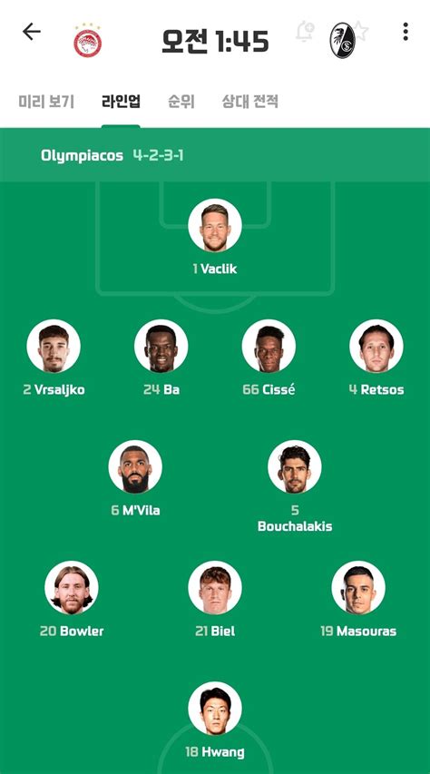 유로파리그 올림피아코스 라인업vs프라이부르크 해외축구 에펨코리아