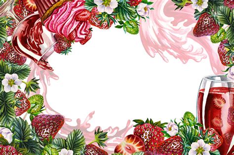 육즙이 많은 딸기가 든 프레임 수채화 손으로 그린 그림입니다 딸기 컵 케이크와 딸기 주스 포장용 라벨용 배너 포스터용 계절 엽서용 초대장용 0명에 대한 스톡 벡터 아트 및