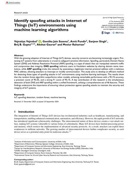 Pdf Identify Spoofing Attacks In Internet Of Things Iot Environments Using Machine Learning