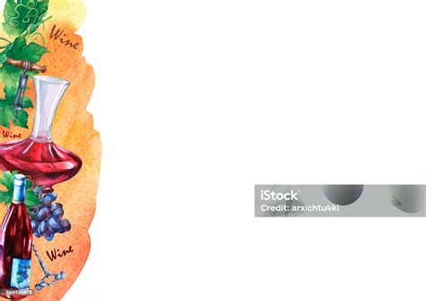 레드 와인의 병 유리병 병따개 신선한 포도의 무리와 함께 서식 파일 손 노란색과 오렌지 수채화 배경에 수채화 그림을 그려 건강한 생활방식에 대한 스톡 벡터 아트 및 기타