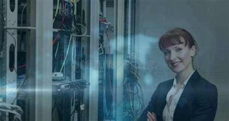 Image Of Light Trails Over Caucasian Female Worker In Server Room Stock Image Image Of
