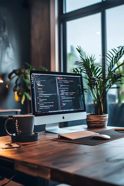 Modern Workspace With Desktop Computer And Code Display Ideal For
