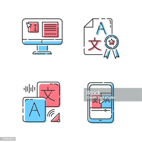 기계 번역 색상 아이콘 세트 오디오 및 비디오 인스턴트 온라인 번역기 텍스트 편집 품질 관리 공인 번역 Dtp 서비스 격리된 벡터 일러스트레이션 개념에 대한 스톡 벡터 아트