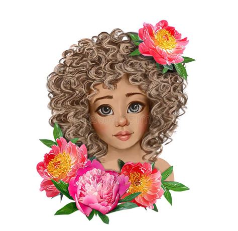 портрет кудрявой девушки красивой женщины с цветами на её рисунке на голове на белом фоне