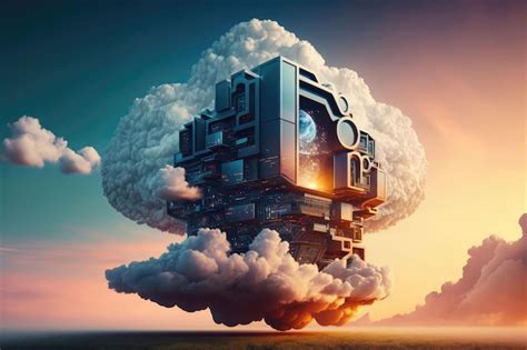 Premium Photo Futuristic Data Center Floating On Cloud At Sunset