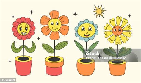 재미있는 웃는 얼굴 카모마일 캐릭터를 가진 화분에 그루비 만화 꽃 카모마일 행복한 감정 강렬하고 밝은 색상에 대한 스톡 벡터 아트 및 기타 이미지 Istock