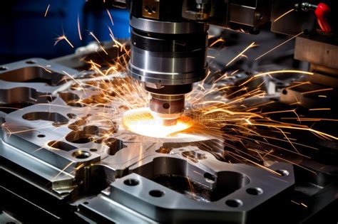 Precision Cnc Milling Machine Crafting Complex Shape In Metal With Sparks Flying Stock