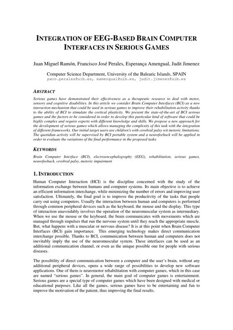 Pdf Integration Of Eeg Based Brain Computer Interfaces In Serious Games